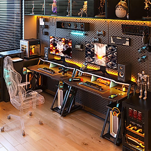 MOTPK Gaming Desk with Power Outlet & LED Lights, Gaming Computer Desk 47inch with PC Storage Shelf, Gaming Table with Carbon Fiber Texture, Gamer Desk, Gift for Boys Men, Black