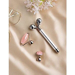3in1 Face Massager For Women 3D V Line Lifting Rose Quartz Face Roller Skin Care Tools Eye Massager Tool Face Lift Double Chin Reducer HANABEE Facial Massager Skin Roller (Sliver)