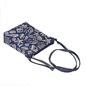 Signare Tapestry Small Crossbody Bag Sling Bag for Women with Navy Blue Sea Shell Design (SLING-SHELL)