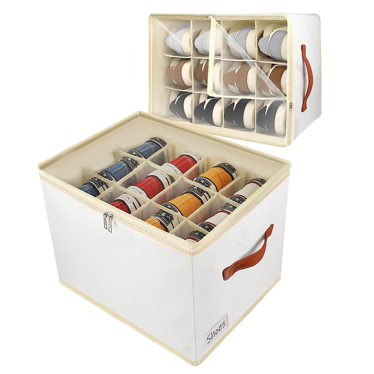 Patinao Shoe Storage Box Organizer for Closet - Space Saver Shoes Containers Bin with Clear Lids Stackable, Can Fit Ottoman, Foldable Shoe Rack Cabinet Cubby for Wardrobe (1 Pack)