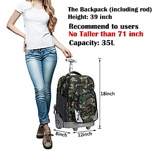 WEISHENGDA 18 inches Wheeled Rolling Backpack for Adults and School Students Short Trip Books Laptop Trolley Bags, Green Camo