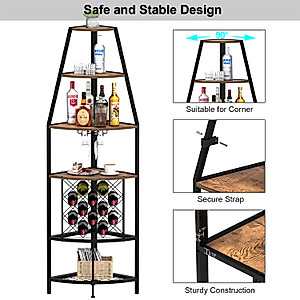 Espelism 5-Tier Corner Wine Rack with LED Light Floor Standing Wine Rack with Glass Holder and Bottles Wine Storage Home Bar Furniture for Kitchen Living Dining Room (Rustic Brown)