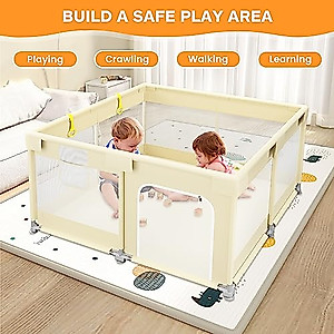 ZESHWER Baby Playpen with Gate, Play Pens for Babies and Toddlers, Play Yard for Baby, 50"x50" Baby Fence, Activity Center for Baby, Sturdy Safety Playpen with Anti-Slip Base, Beige