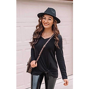 Lanzom Womens Classic Wide Brim Floppy Panama Hat Belt Buckle Wool Fedora Hat (One Size, Black)