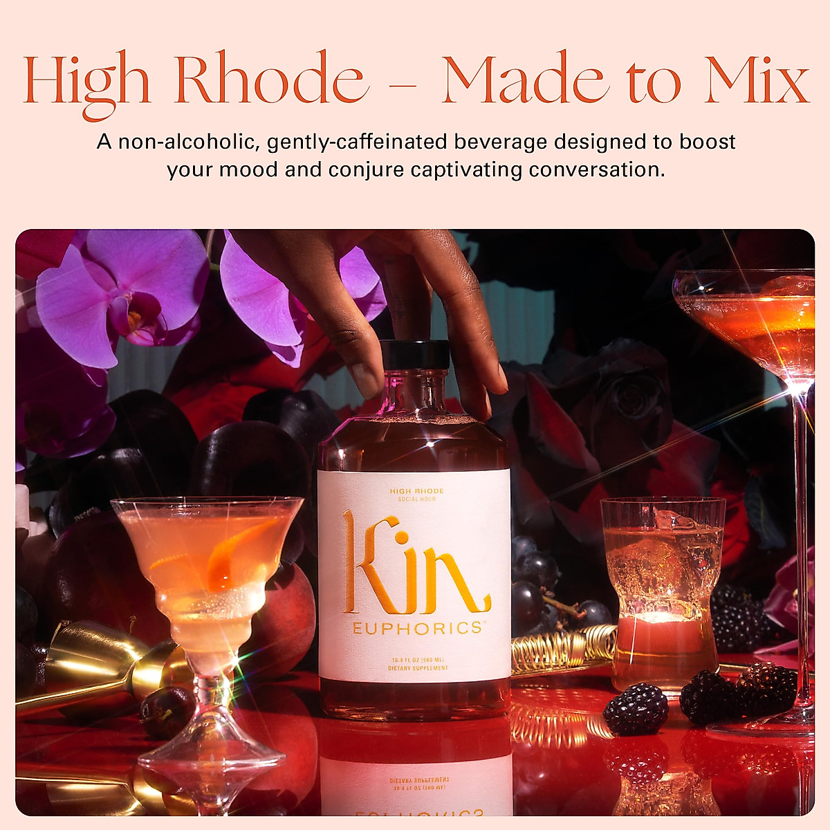 Kin Euphorics High Rhode Non-Alcoholic Aperitif | Elevate Your Social Hour | Adaptogens, Nootropics & Botanicals | Rhodiola Rosea, 5-HTP, GABA | Citrus, Bitters & Spices | 16.9 fl oz