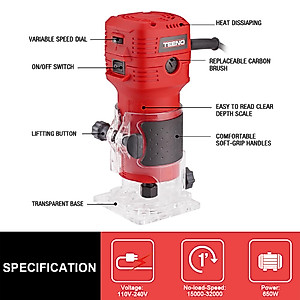 TEENO Wood Router, 650W 110V Compact Router Tools for Woodworking, 32000 RPM Hand Trim Router with 12 Pcs 1/4" Router Bits Set, 6 Variable Speeds, Edge Guide, Roller Guide and Portable Tool Box