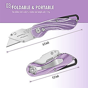 FantastiCAR Folding Box Cutter, Quick Blade Change Utility Knife, with Anti-slip Metal Body, Safety Lock, 5 Extra Blades (Purple Streamline)
