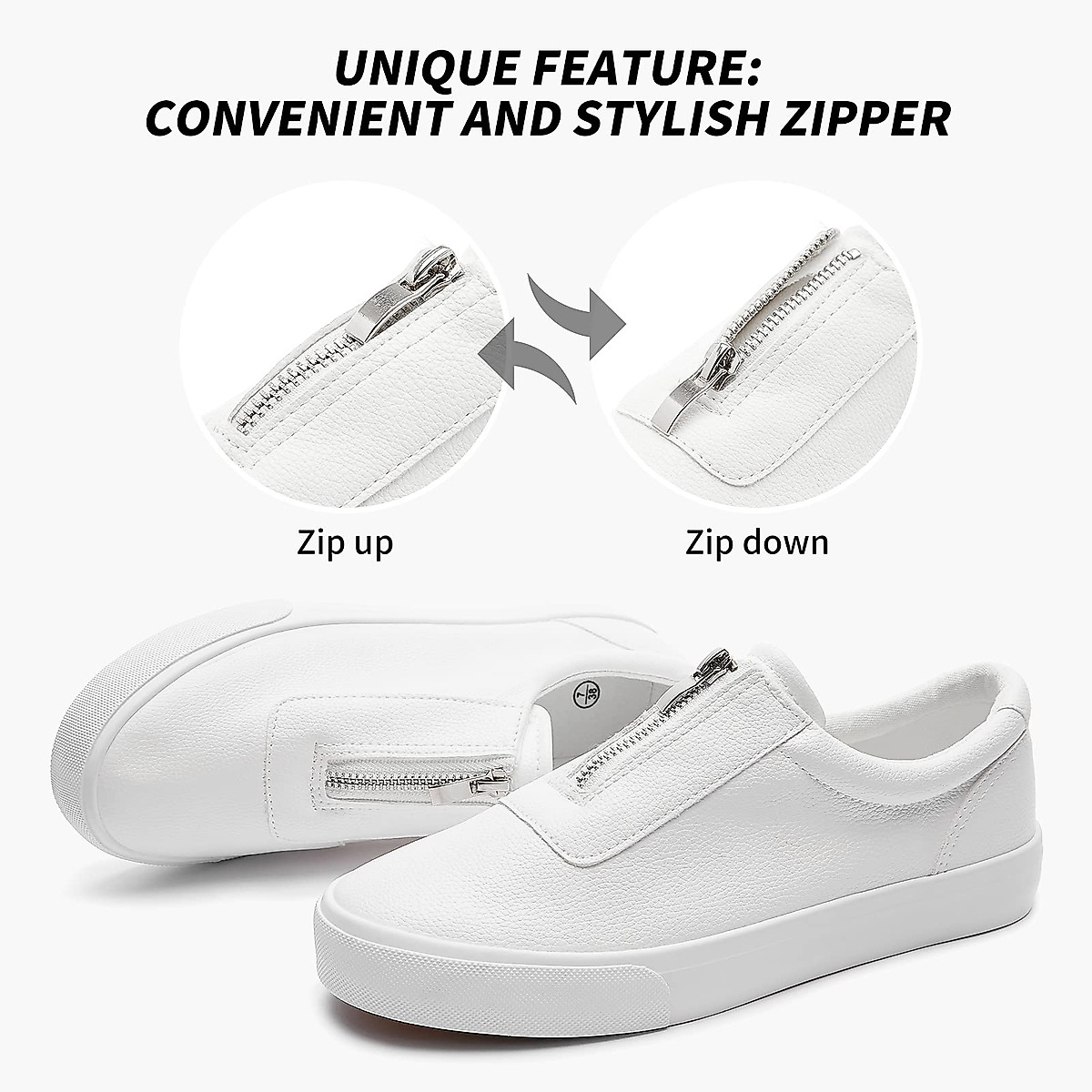 Adokoo Women's PU Leather White Shoes Slip on Sneakers Casual Walking Shoes Fashion Sneakers Slip on Tennis Shoes Zipper(S.White, US6)