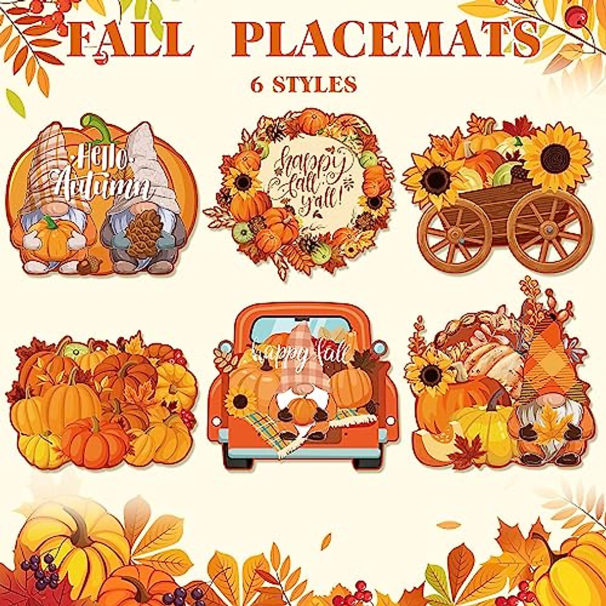 Kajaia Summer Fall Sunflower Placemats Set of 6 Gnome Sunflower Placemats 12 x 14 Inch Plastic Kitchen Placemats Truck Washable Table Mats for Summer Fall Thanksgiving Dining (Pumpkin)