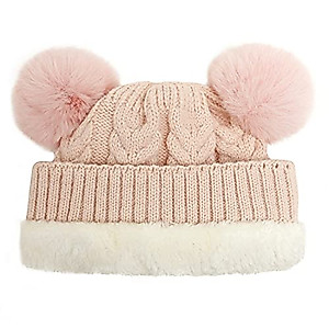 BUBO.YAA Baby Girl Winter Hat Cable Knit Baby Beanie for Infant Toddler Double Faux Fur Pom Pom Beanie with Fleece Lining