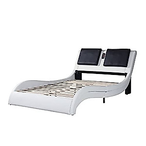 Epinki Faux Leather Upholstered Platform Bed Frame with Led Lighting, Bluetooth Connection to Play Music Control, Backrest Vibration Massage, King
