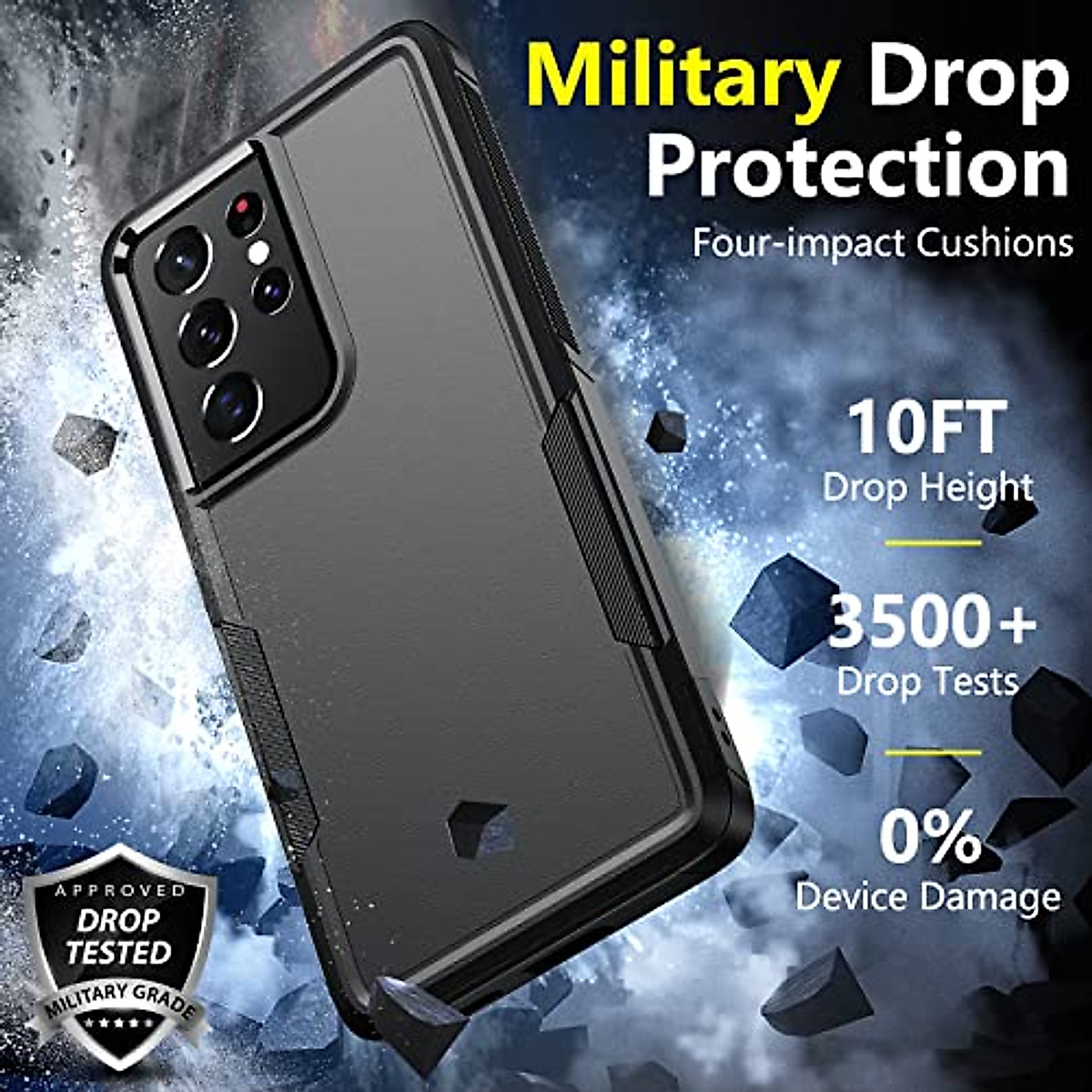 SPIDERCASE Designed for Galaxy S21 Ultra Case, [10 FT Military Grade Drop Protection],with 2 Pack [Soft Screen Protector + Camera Lens Protector] Heavy Duty Shockproof Case,Black