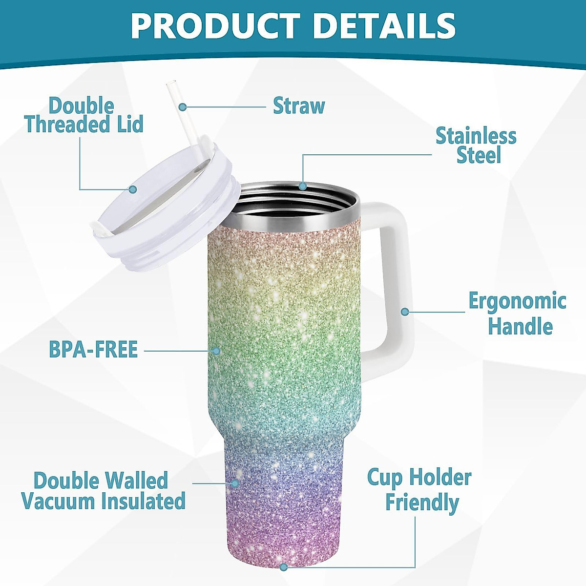 Wfrish Rainbow Shiny Glitter Stripes 30 oz Tumbler with Handle and Straw Lid, Sparkle Insulated Coffee Cup Reusable Stainless Steel Water Bottle Travel Mug Cupholder Friendly,Gifts for Women Men