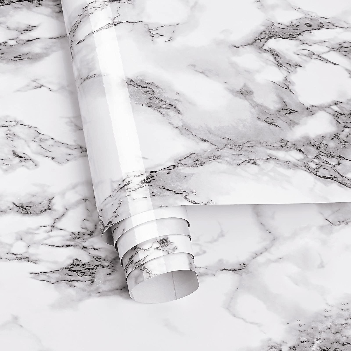 Caltero Marble Contact Paper 15.7" x 118" Black White Grey Wallpaper Peel and Stick Glossy Marble Self Adhesive Contact Paper for Countertop Kitchen Cabinets Bathroom