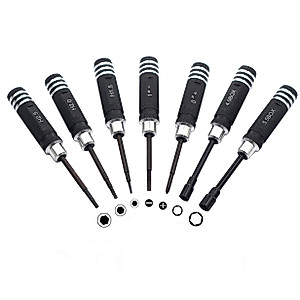 7PCS Vgoohobby Hex Screw Driver Screwdriver Repair Tool Kit Set Hex Nut Key Socket for RC Helicopter Airplane Robotics Car,H1.5 2.0 2.5mm Hex,4.0 5.5mm Spanner Box,0#+,1#- Slot Screwdrivers