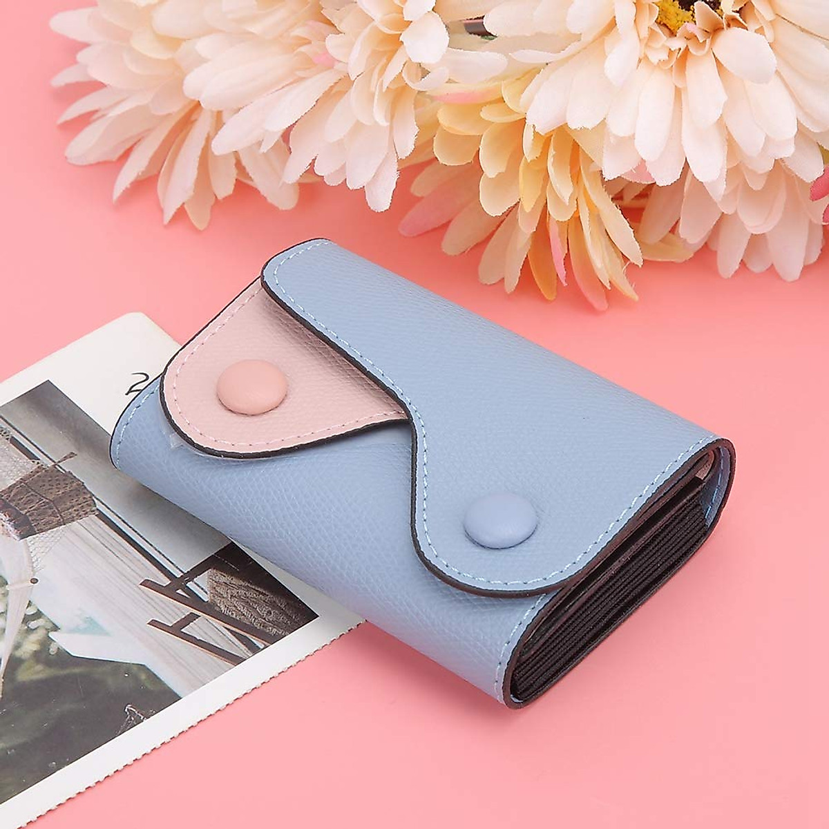 Ymiko Anti-Theft Card Bag Mini Credit Card Holder Portable Wallet Cartoon Cute Pattern PU Leather Change Pocket Purse for Women Men (Light Blue)