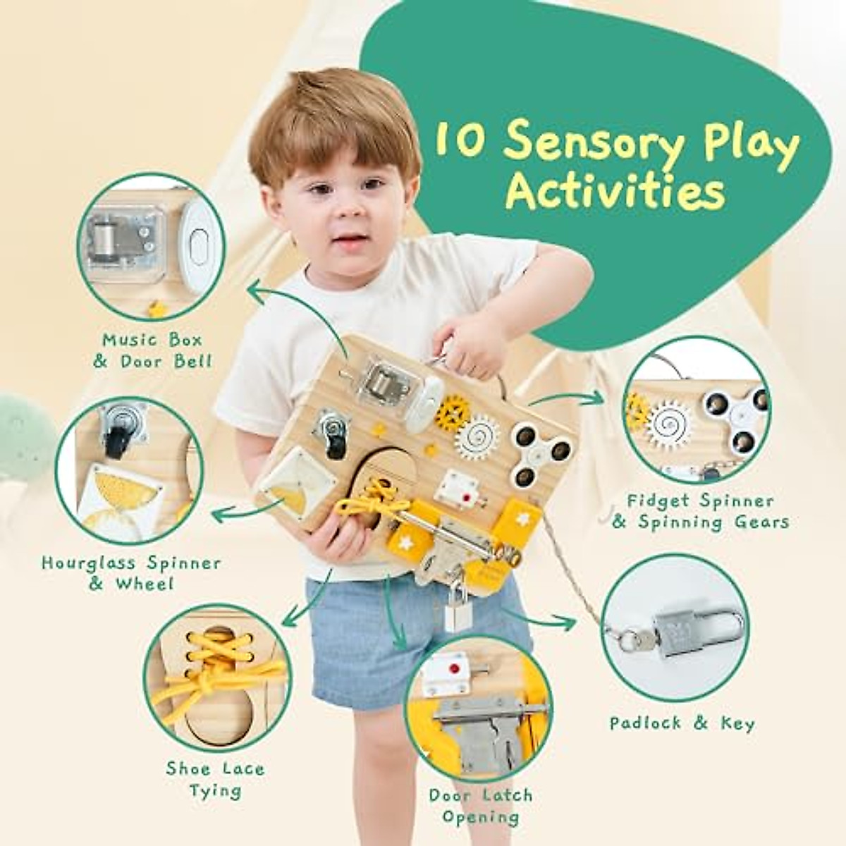 Jumble Dream Montessori Busy Board for Toddlers Wooden Montessori Toys and Sensory Toys Autism Sensory Products & ADHD Sensory Board for Education & Learning - Kids Toys for Age 1 2 3 4 Years