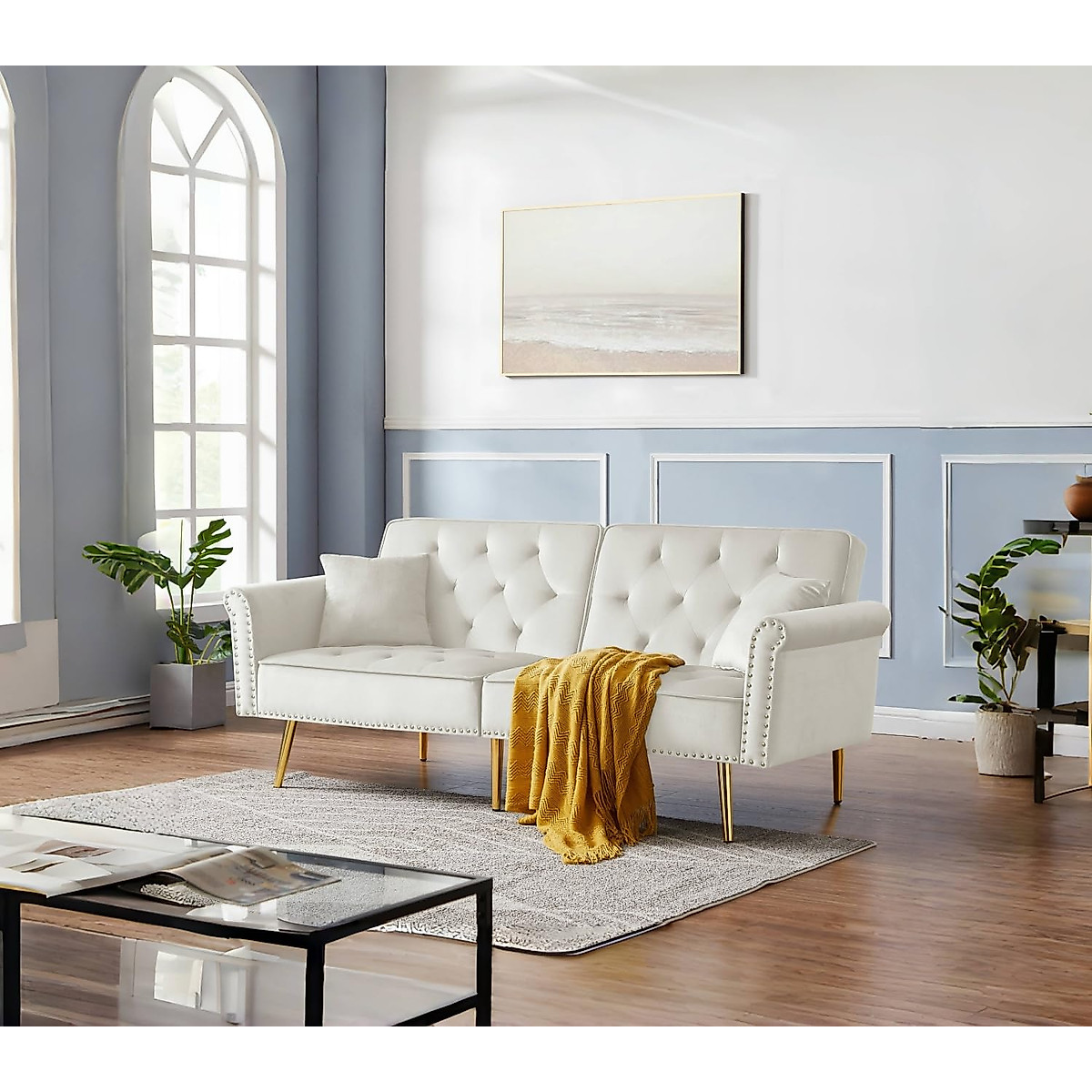 Velvet Sofa Bed, Convertible Folding Sleeper Couch with 2 Pillows, 70" Tufted Loveseat Recliner with Golden Metal Legs for Living Room Apartment Office (Beige)