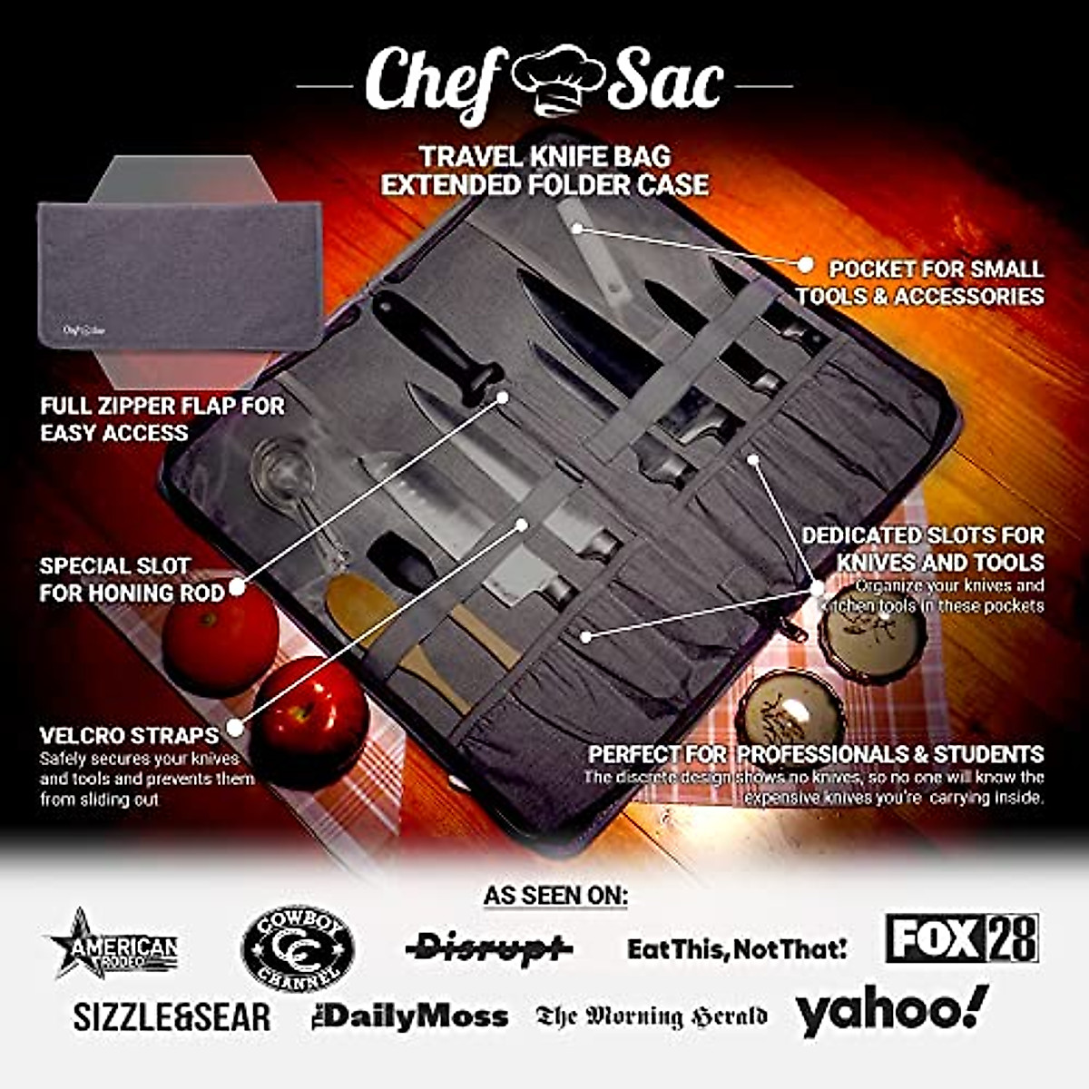 Chef Knife Bag Travel Folder Extended Knife Case | 8 Pockets for Knives, Kitchen Tools & Camp Accessories | Special Slot for Honing Rod | Durable Knife Holder for Chefs & Culinary Students (Dark Grey)