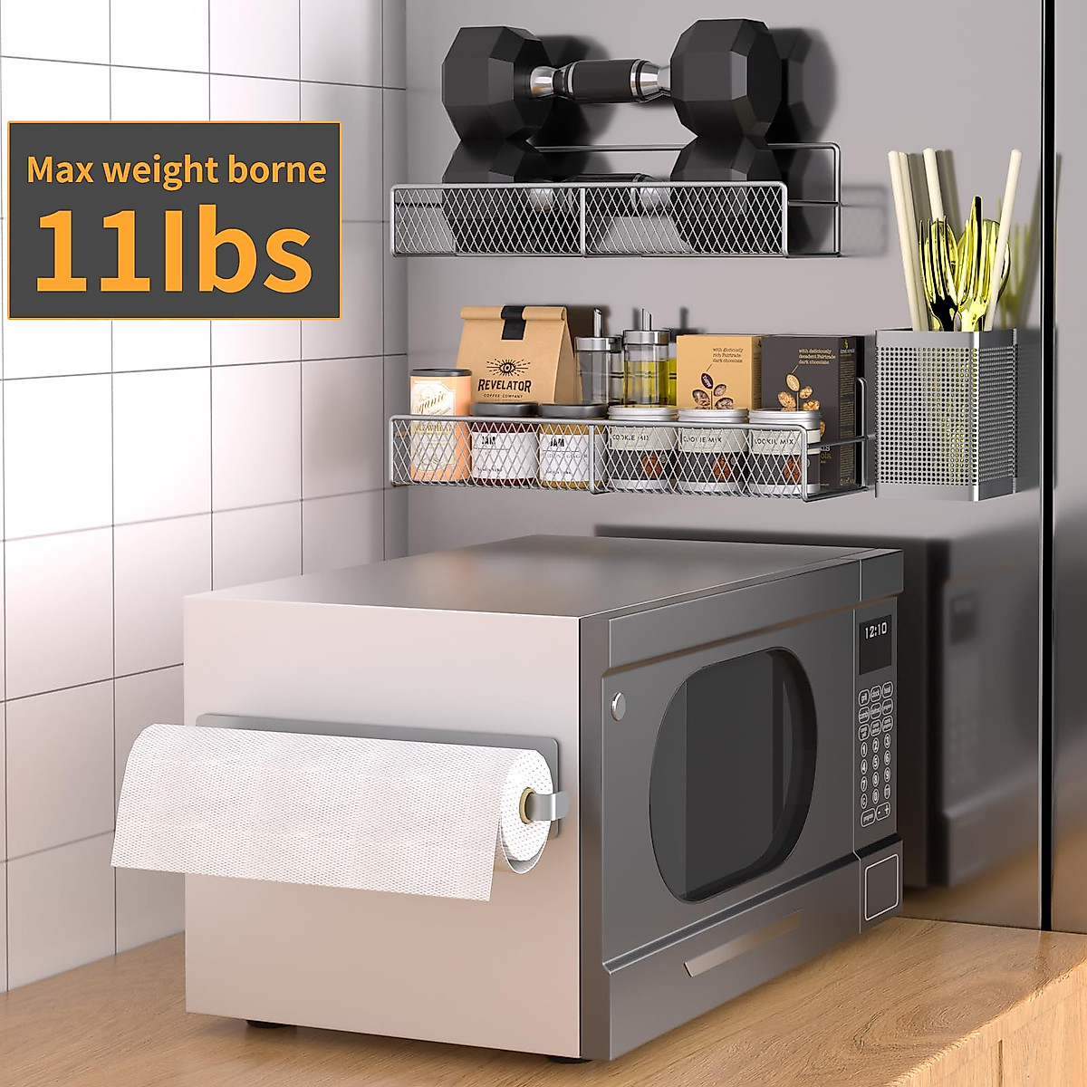 DTUQYX Magnetic Spice Rack for Refrigerator, 6 Pack Metal Magnetic Shelf Grey, Moveable Spice Organizer, Strong Magnetic Storage Fridge Organizer with Paper Towel Holder, Utensils Holder