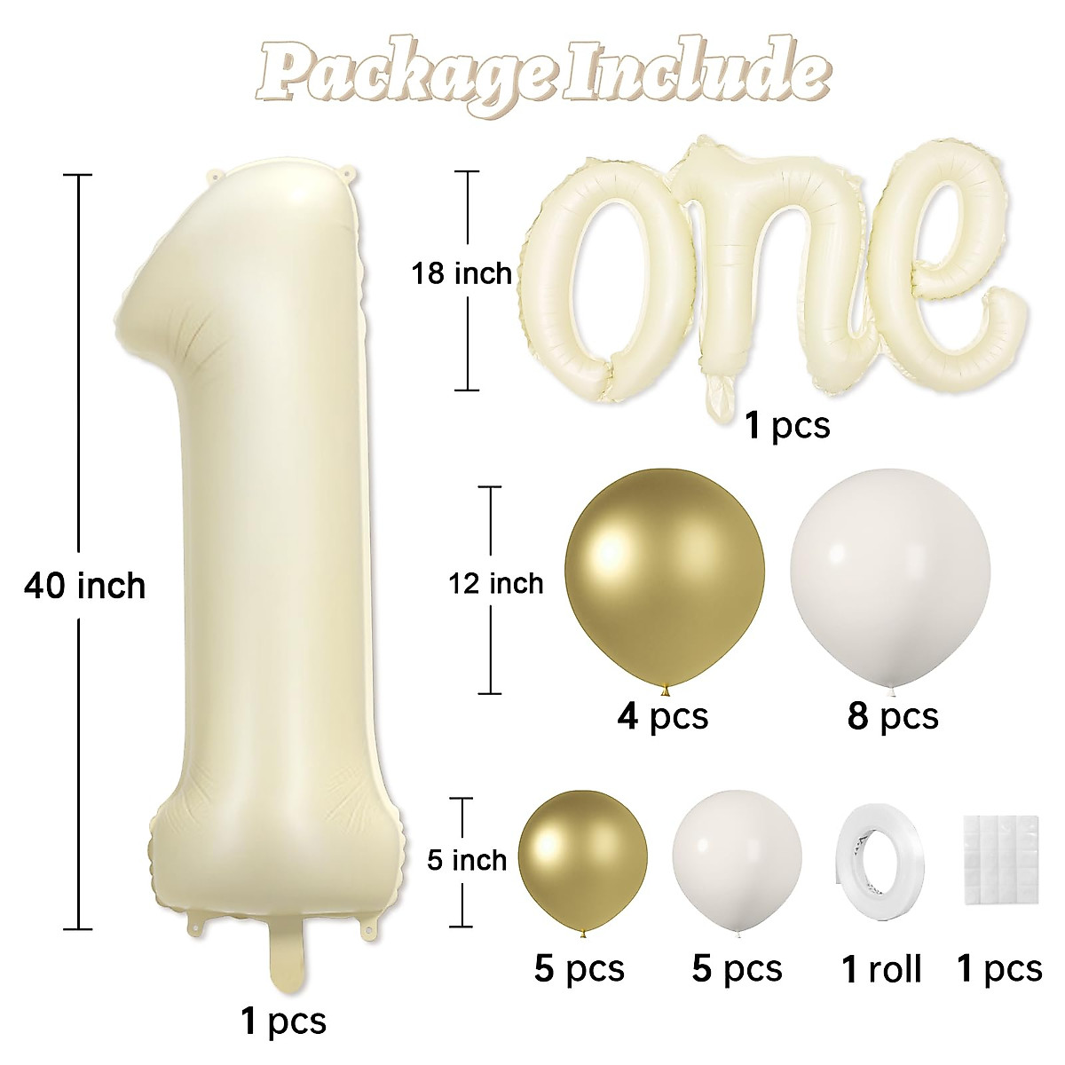 Boys or Girls 1st Birthday Decorations Kits - 40 Inch Cream Number 1 and 18 Inch one Foil Balloons Set with White Sand Metallic Gold Balloons Different Sizes 5 12 Inch for Kids First Birthday Party