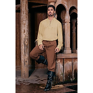 Mens Medieval Pirate Shirt Steampunk Retro Renaissance Viking Long Sleeve Lace Up Mercenary Halloween Scottish Tops Beige