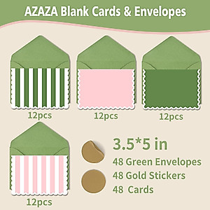 AZAZA Blank Cards and Envelopes 48 Pack Baby Shower Thank You Cards, 3.5x5 Mini Striped Greeting Cards with Envelopes for Small Business, Wedding, Bridal shower (Pink and Green)