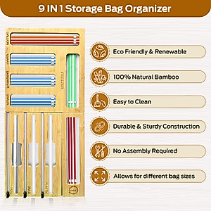 Kaby Storage Bag Organizer, Foil and plastic Wrap Organizer with Cutter, Kitchen Organizers and Storage Compatible with Gallon, Quart, Sandwich, Snack Bags and 12" Aluminum Foil & Wax Paper