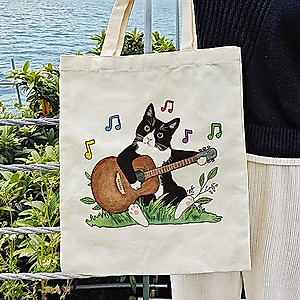 Dlzdn Music Cat Canvas Tote Bag For Women Aesthetic Funny Cute Tuxedo Cat Playing Guitar Tote Bag Shopping Grocery Bag Beach Bag Gifts for Women Teacher Bag Reusable Grocery Bag