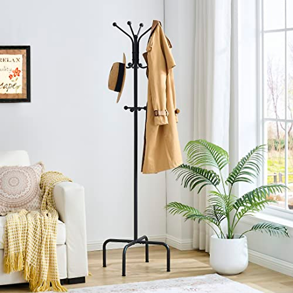 Hoctieon Coat Rack Freestanding, Entryway Coat Rack With 12 Hooks, Coat Hanger Stand, Floor Standing Metal Coat Tree,Coat Rack Stand, Heavy Duty Coat Rack, Coat Tree Freestanding, Black