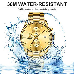 GOLDEN HOUR Men's Watches with Gold Stainless Steel Metal Strap Fashion Casual Waterproof Chronograph Quartz Watch, Auto Date in Black Hands
