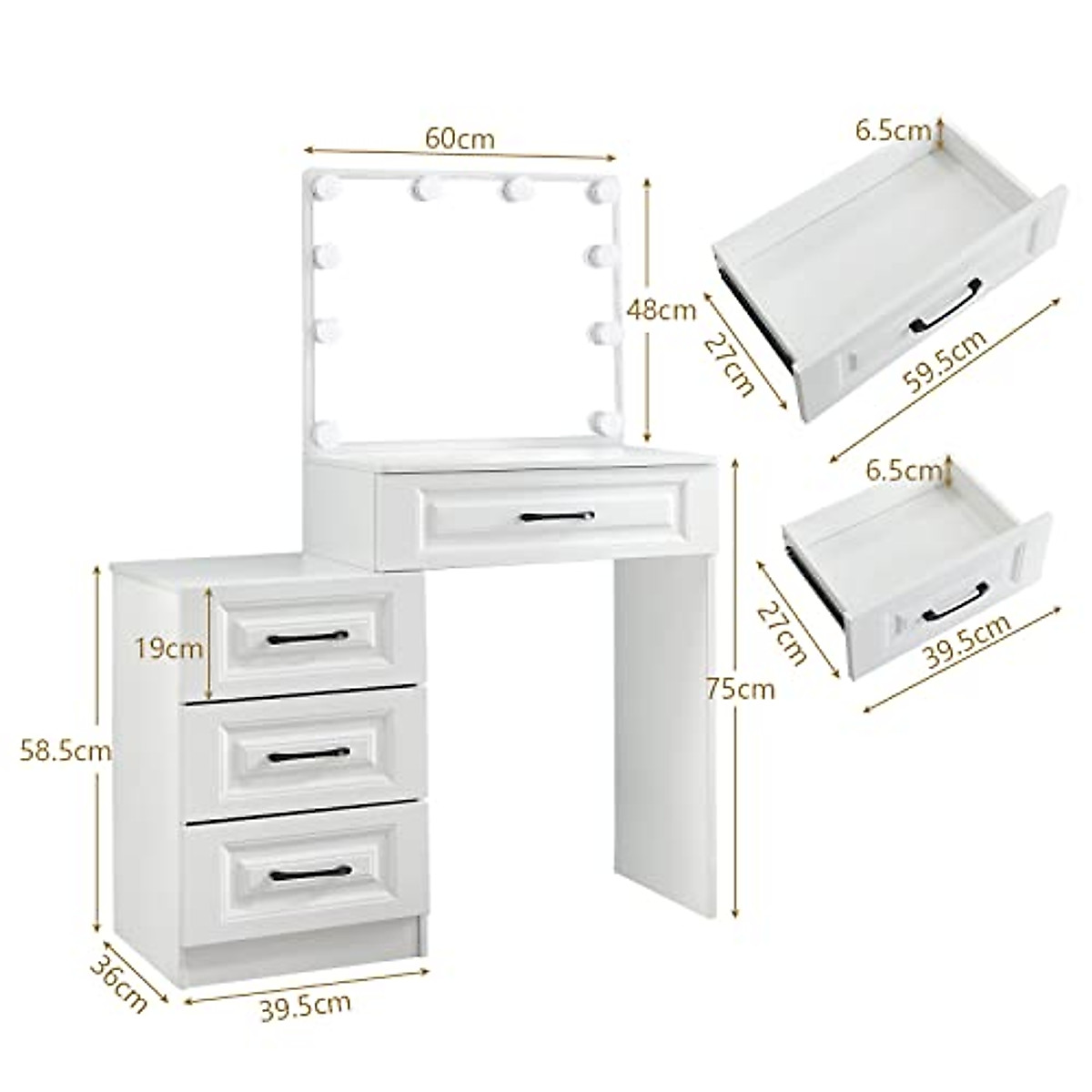 Kkonetoy Makeup Vanity Desk with Lighted Mirror, Dressing Table Set with Stool and Drawers, White, 47" H x 31.5" W x 14.2" W
