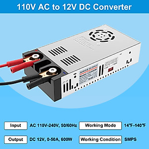 IMAYCC AC to DC Converter SMPS 110V to 12V Converter 12V DC Power Supply, Universal 120V to 12V Converter Transformer Max Current 50A 600W