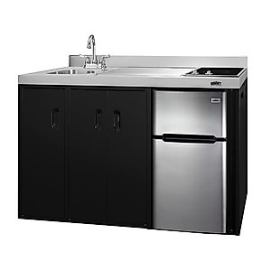 Summit Appliance CK54SINKL 54 Wide All-In-One Kitchenette, Stainless Steel Sink and Faucet, 2-door Refrigerator-freezer, 2-burner Smooth-top Cooktop, Storage Compartments, 115V Operation, Black