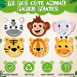 Sunnyray 72 Pcs Jungle Safari Paper Plates 7" Animal Shaped Disposable Dessert Dinner Plates Safari Birthday Party Plates Dinnerware Decorative for Birthday Baby Shower Jungle Animal Party Supplies