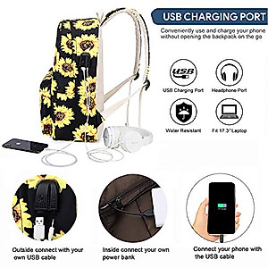 Natayoo Sunflower School Backpack for Girls Women Water Resistant Laptop Backpack with USB Charging Port, Lightweight College Bookbag
