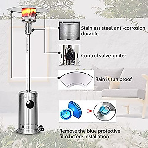 ROMONICA 48,000BTU Outdoor Patio Heater Tall Standing Hammered Finish Garden Outdoor Heater Propane Standing, Stainless steel outdoor space gas heater with wheels, Silvery - 3 set