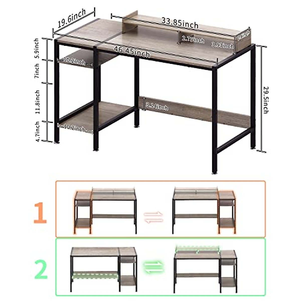 MINOSYS Computer Gaming Desk - 47" Home Office Desk with Storage, Writing Desk with Monitor Stand, Modern Simple Study Corner Table, Adjustable Storage Space, Gray