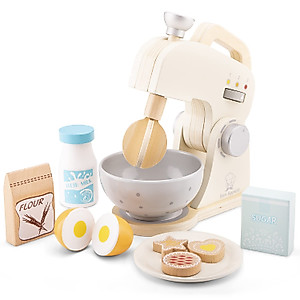 New Classic Toys Wooden Mixer Set Pretend Play Toy for Kids Cooking Simulation Educational Toys and Color Perception Toy for Preschool Age Toddlers Boys Girls , Red,White