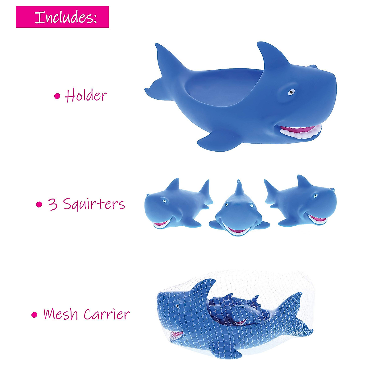 Dollibu Family Animal Bath Squirters 4 Piece Bath Toy Set, Toddler Bath Toys for Bathtime & Water Fun, Girls & Boys Floating Rubber Squirt Toys, Floaty Pool Toys for Toddlers & Kids - Blue Shark