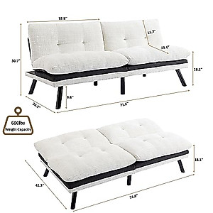 Anwick Futon Sofa Bed Convertible Futon Sleeper Couch, 71" Sleeper Sofa Bed with Adjustable Backrest, Modern Loveseat Couch for Compact Living Room, Apartment, Office (White)