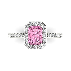 Clara Pucci 2.04ct Emerald Cut Custom Engraving Solitaire W/Accent Halo Pink Faux Diamond Statement Art Deco Ring 14k White Gold Size 8