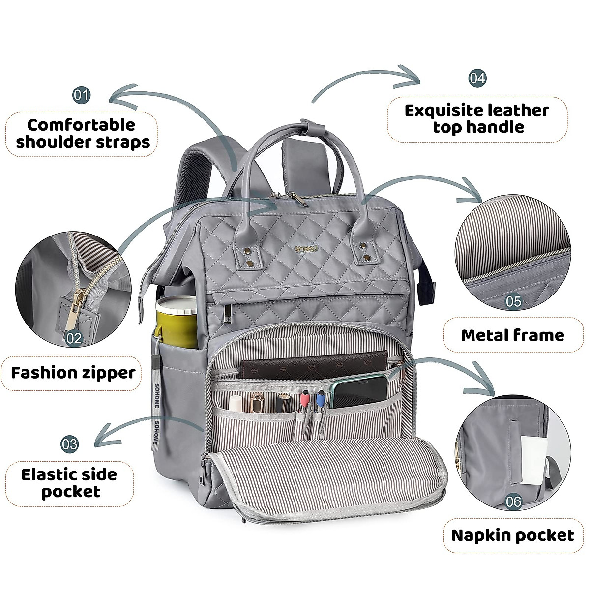 RJEU Women Backpack,Work Computer Bag for Nurse Teacher with USB Charger,Girls High School Backpack Cute Laptop Tote Backpack for Travel Office,Grey