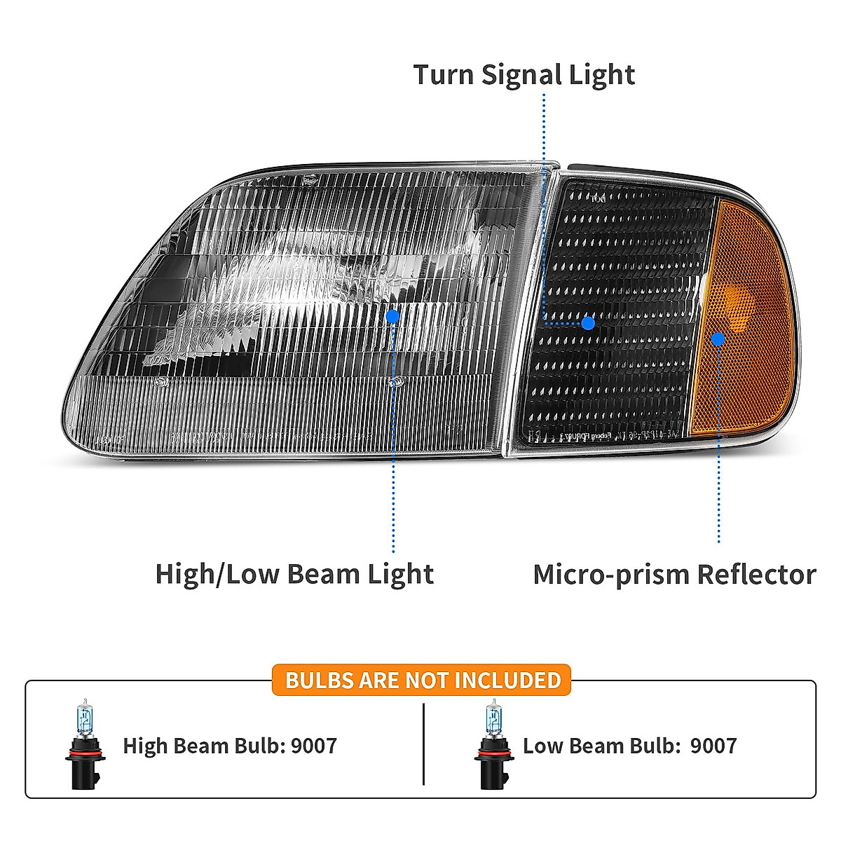 DWVO Headlight Assembly Compatible with 1997-2003 Ford F-150 Pickup/1997-2002 Ford Expedition Headlamp with Corner Light Black Housing Amber Reflector