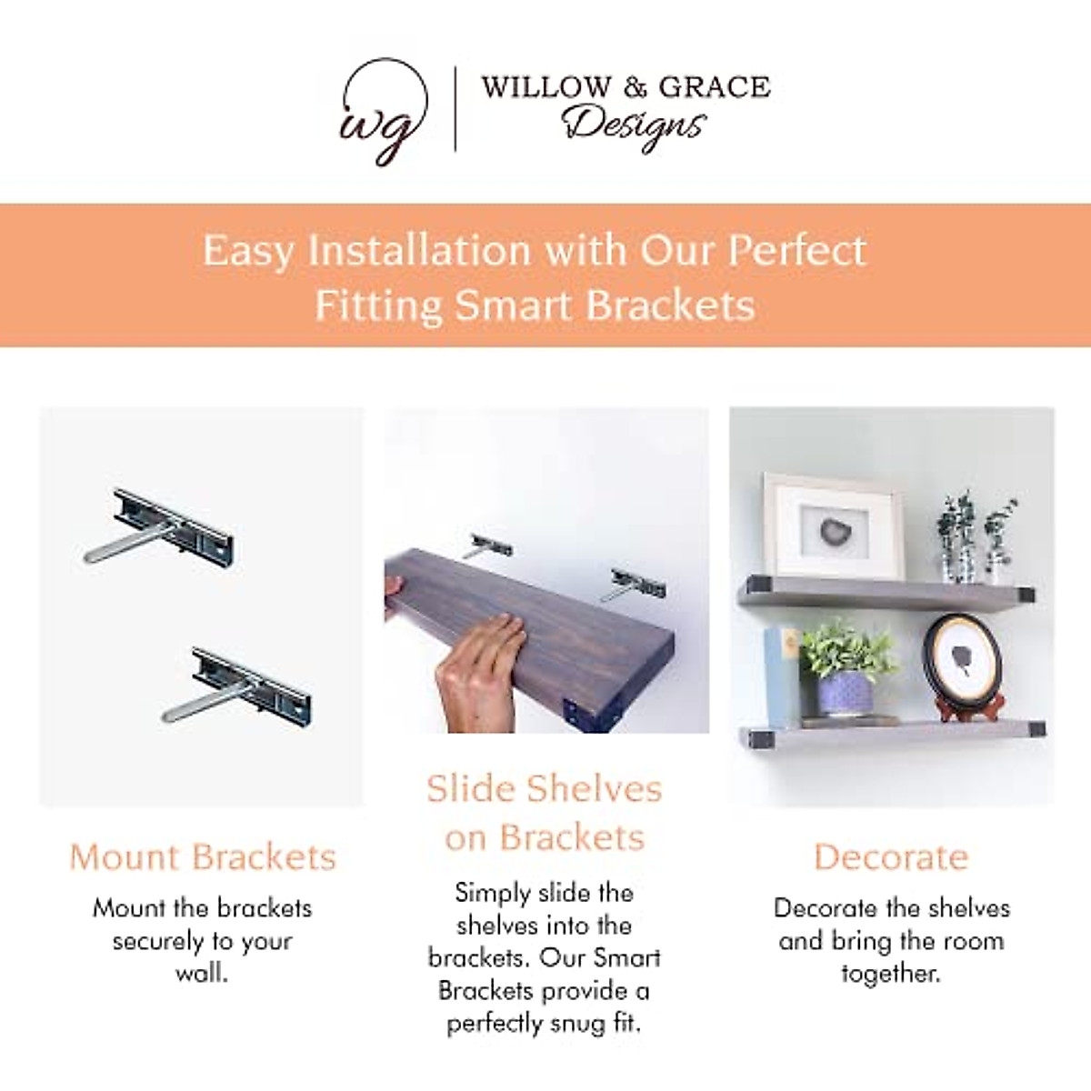 Willow & Grace Designs Modern Rustic Wooden Easily Mounted Floating Wall Shelves for Home Living Rooms and Bedrooms, Rustic Gray, 24 Inch, (Set of 2)