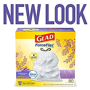 Glad ForceFlex Tall Kitchen Drawstring Trash Bags 13 Gallon White Trash Bag, Mediterranean Lavender scent with Febreze Freshness 80 Count (Package May Vary)