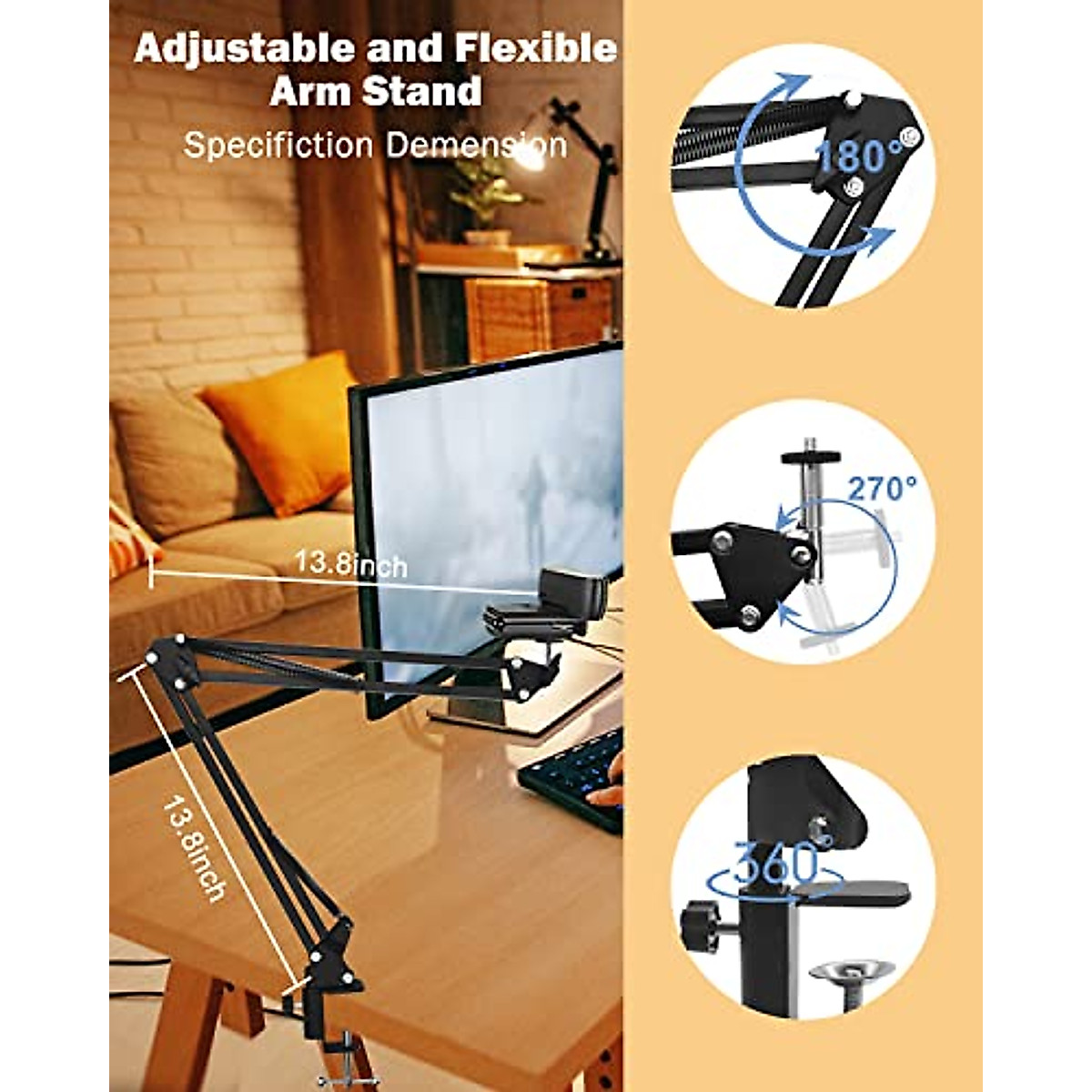Boseen Webcam Stand Desk Mount - Suspension Boom Scissor Arm Webcam Holder with Desk Clamp Mount for Logitech Webcam C920 C922 C922x C920S C930e C930 C615 Brio 4K and Other Devices with 1/4" Thread