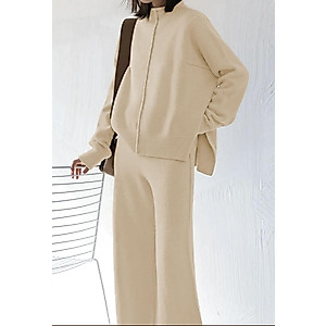 Linsery Womens Tracksuits Winter Casual Two Piece Set Women Knitted Loose Sweater Pullover Top Wide Leg Pants Suit Outfit Apricot Medium