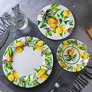 LEHAHA Lemon Melamine Dinnerware Dish Set – 12 Piece Indoor and Outdoor Plates and Bowls Set for Everyday Use, Dishwasher Safe, Unbreakable Kitchen Dinner Set, Service for 4…