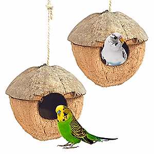 PINVNBY Natural Coconut Bird Hide Nest Hut House Coconut Shell Breeding Bird Nest Coconut Fiber Hanging Birdhouse Cage Habitats Decor for Pet Parrot Budgies Parakeet Lovebird Finch Canary(2 Packs)